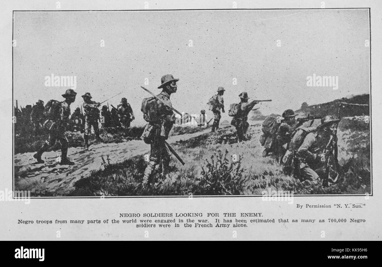 Illustration of a group of French, black, soldiers, in the field ...