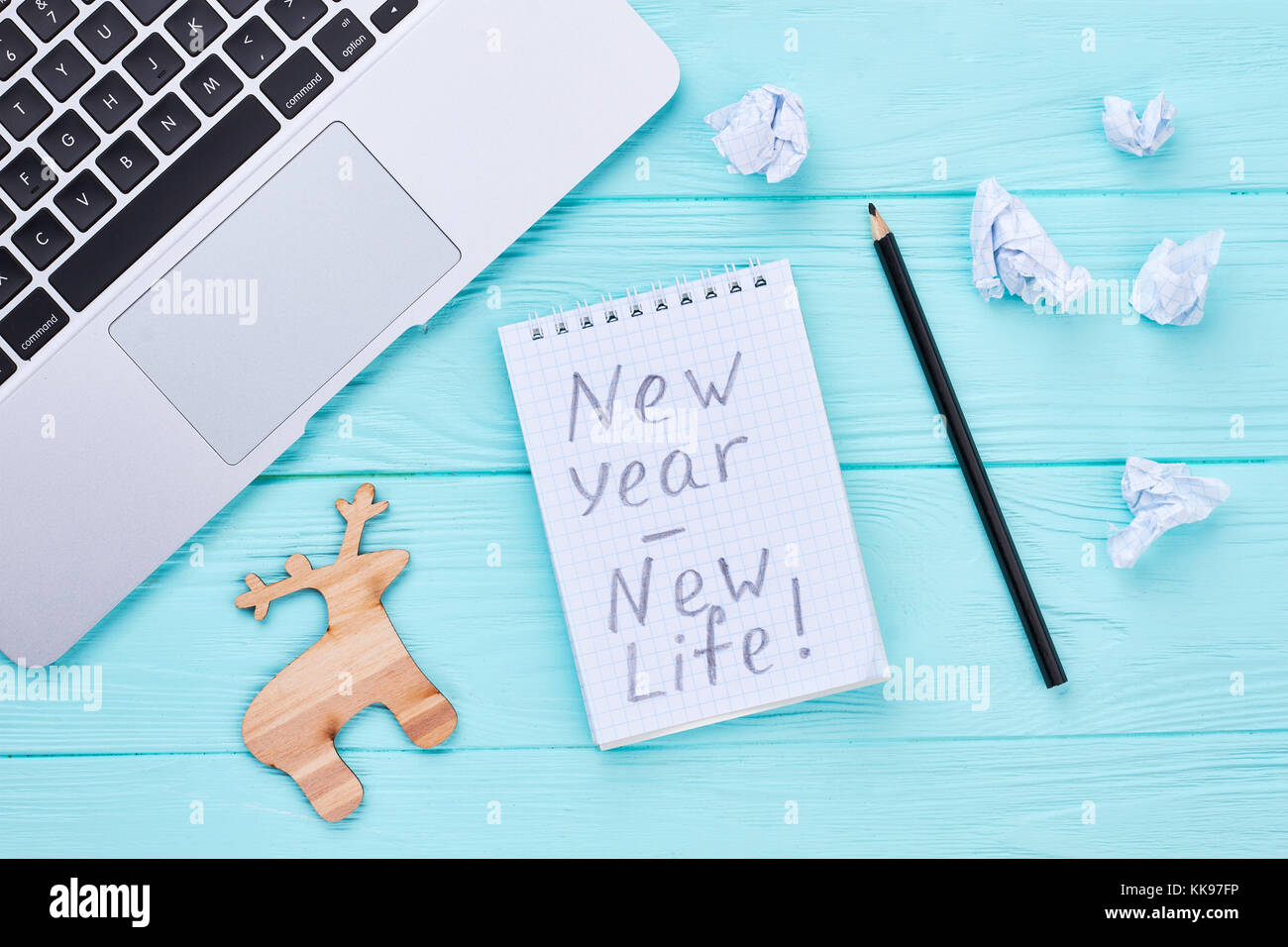Paper notebook with text, computer laptop Stock Photo - Alamy