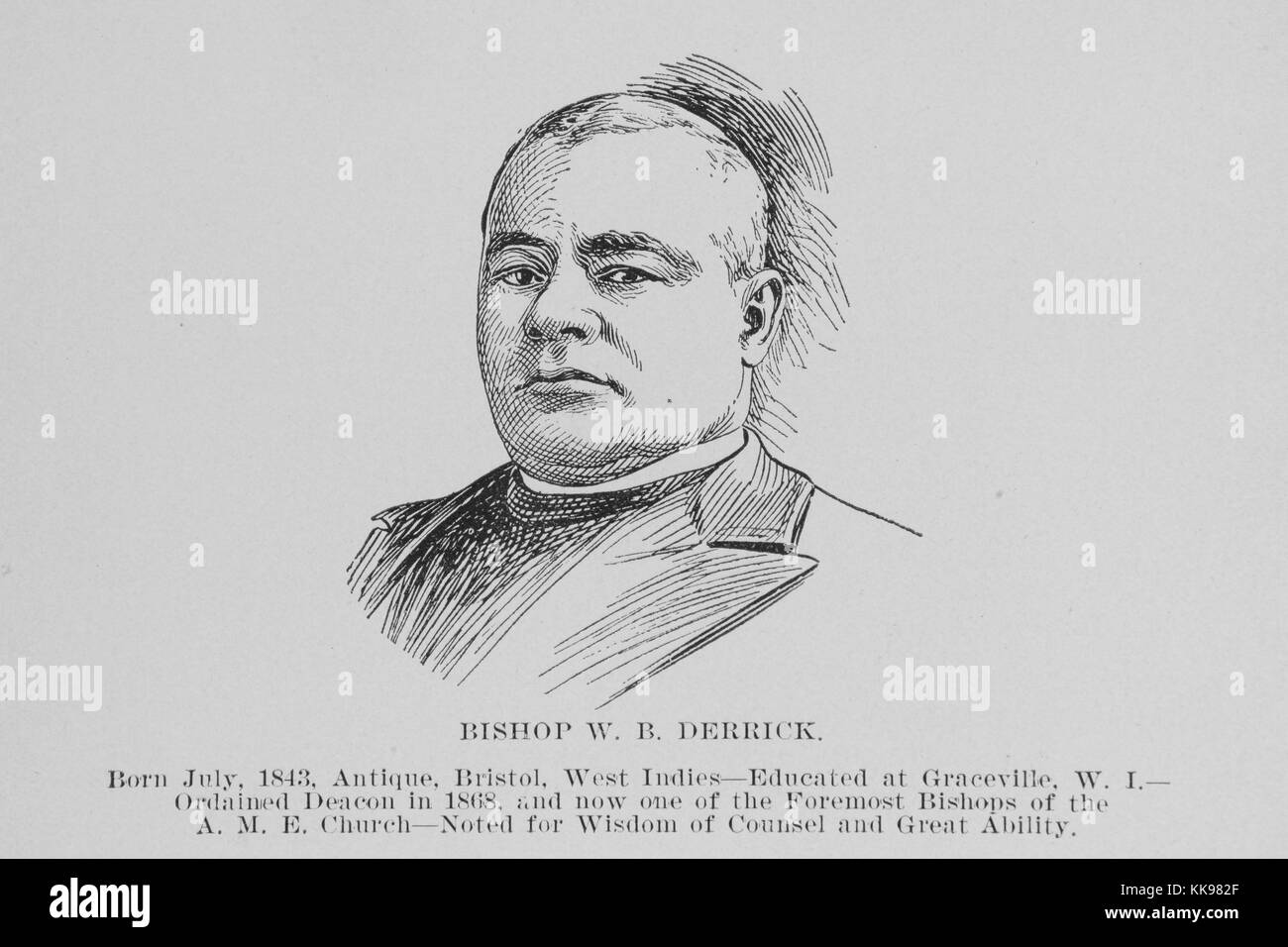 Etched illustration of Bishop W B Derrick, a leader of the Episcopal ...