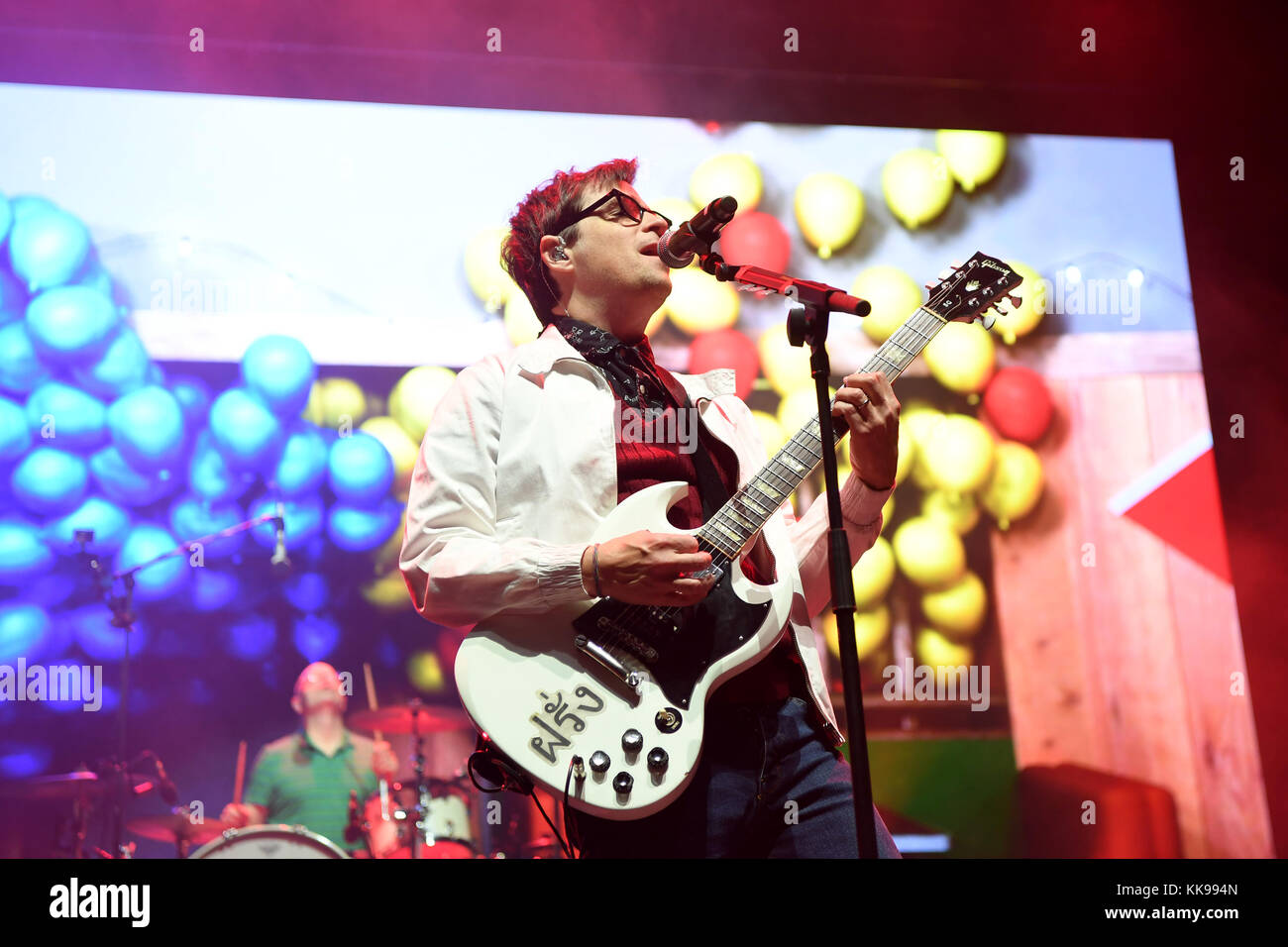 Weezer performing live on stage at Wembley Arena in London. Featuring ...
