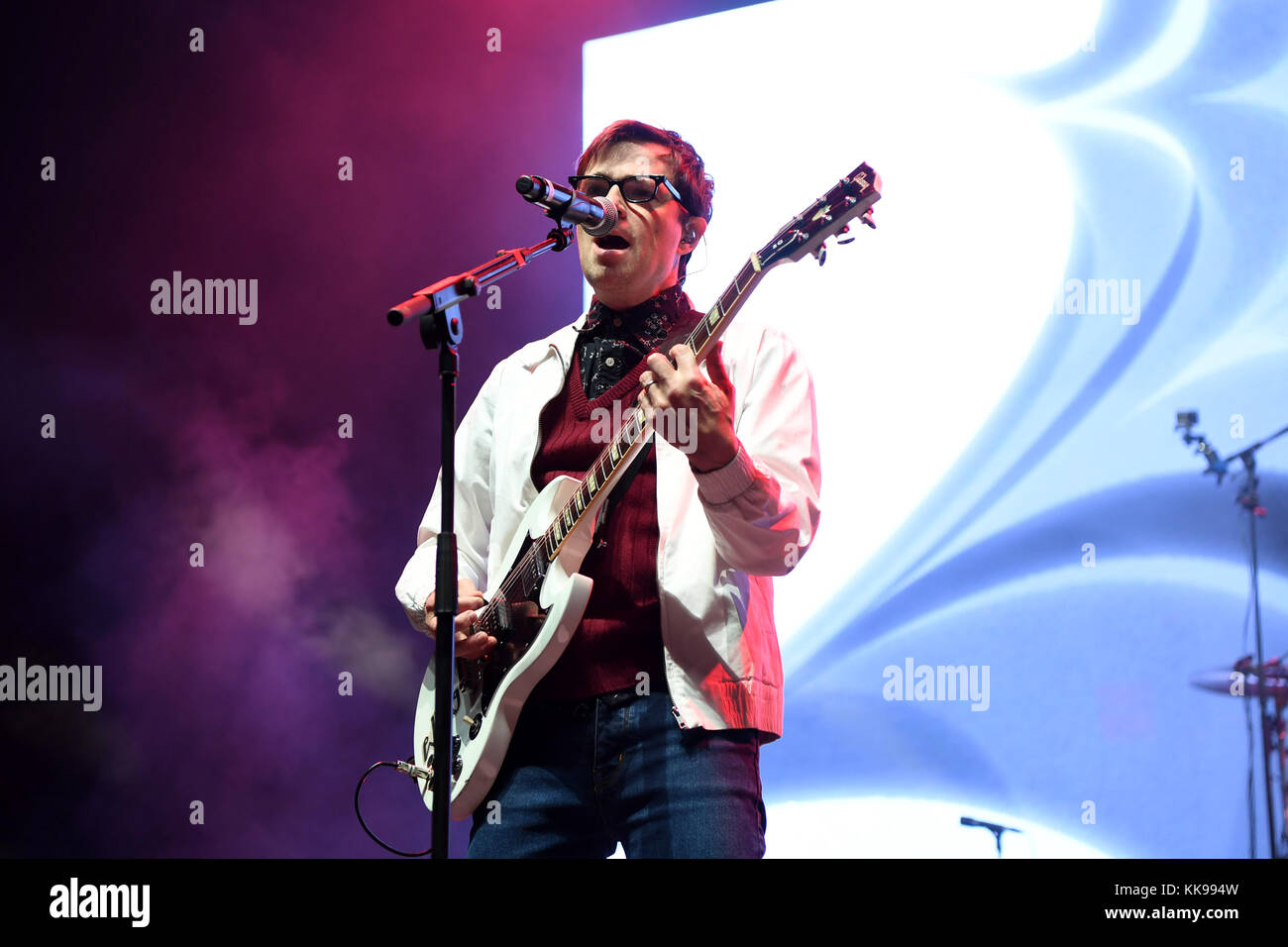 Weezer performing live on stage at Wembley Arena in London. Featuring ...