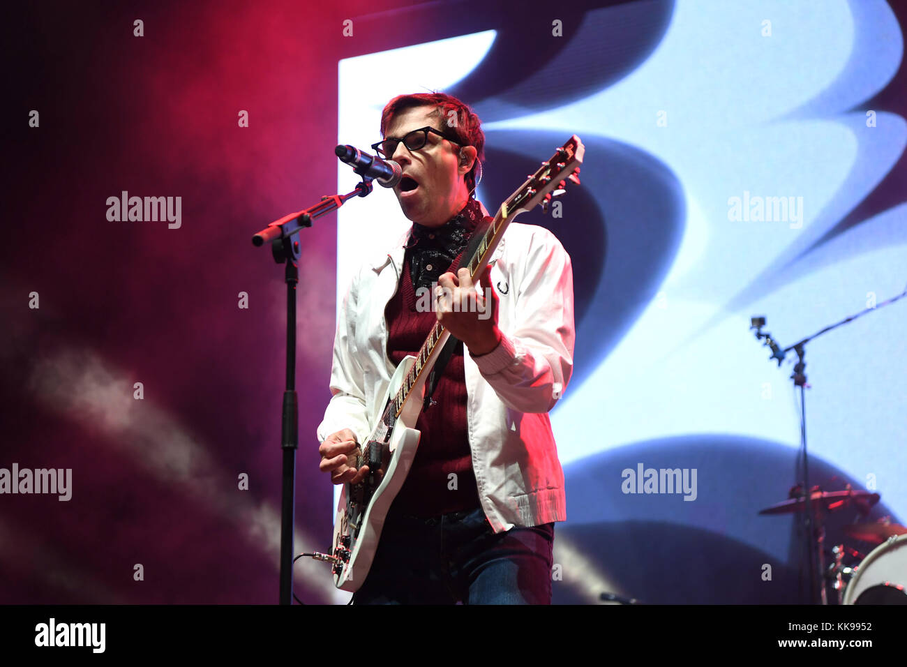 Weezer performing live on stage at Wembley Arena in London. Featuring ...