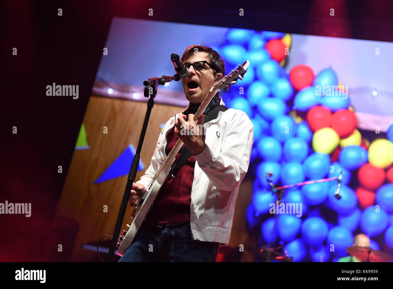 Weezer performing live on stage at Wembley Arena in London. Featuring ...