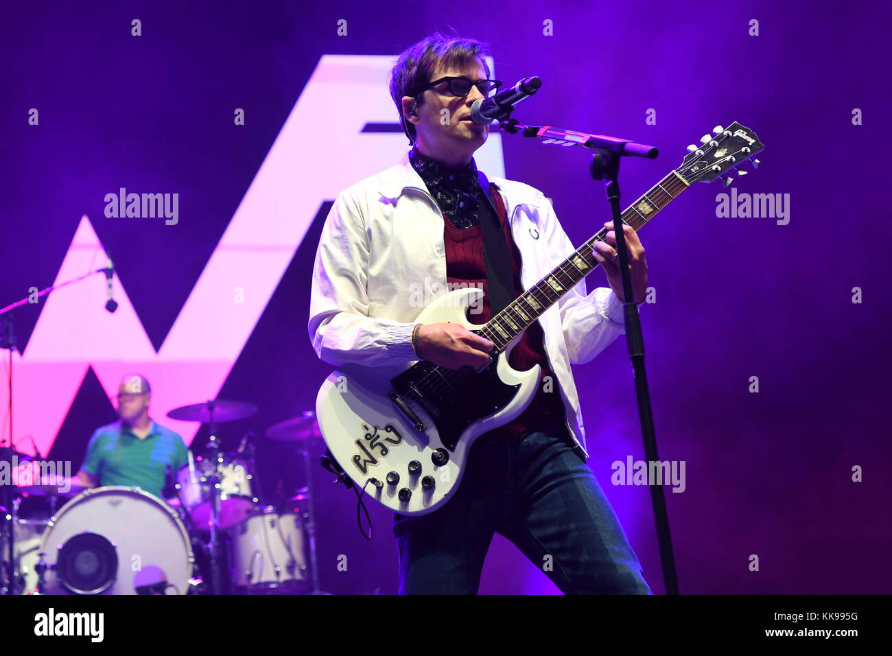 Weezer performing live on stage at Wembley Arena in London. Featuring ...