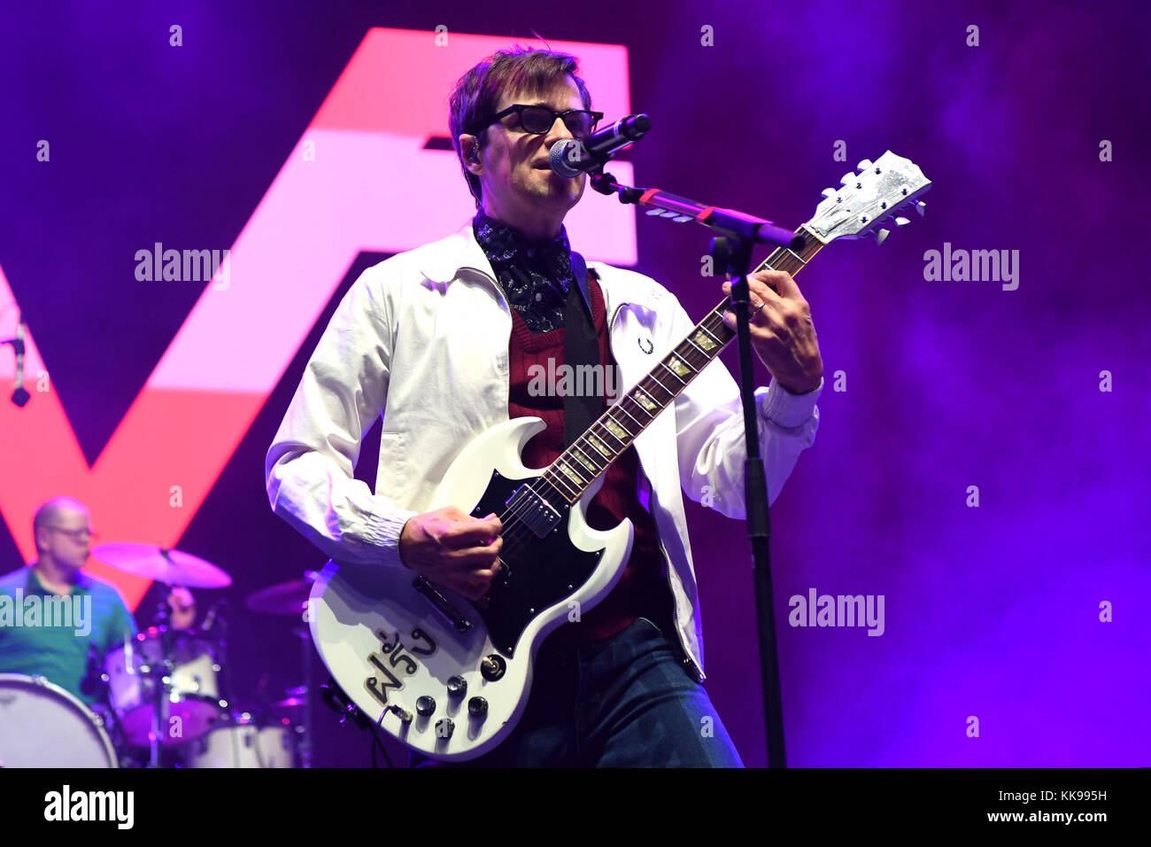 Weezer performing live on stage at Wembley Arena in London. Featuring ...