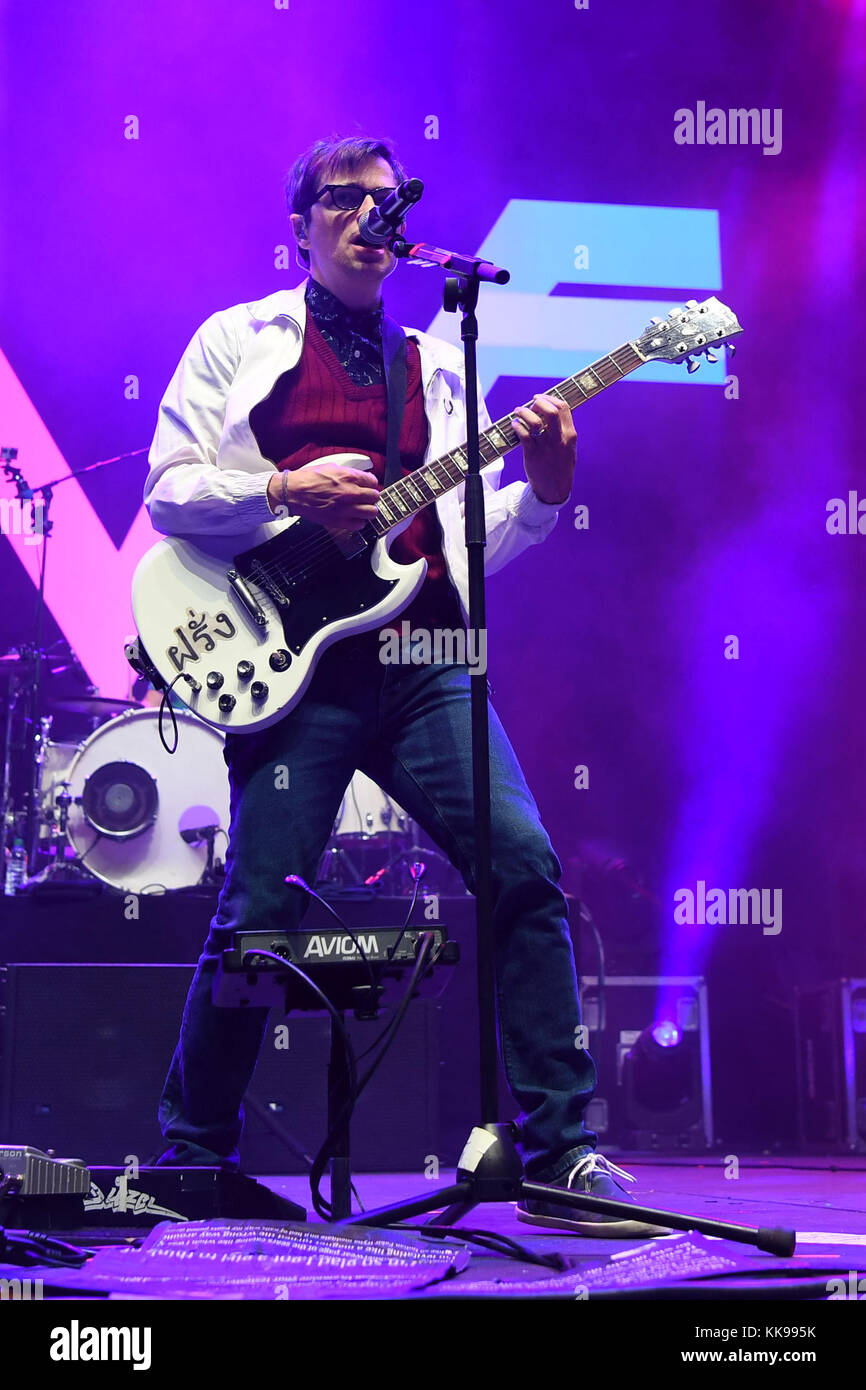 Weezer performing live on stage at Wembley Arena in London. Featuring ...