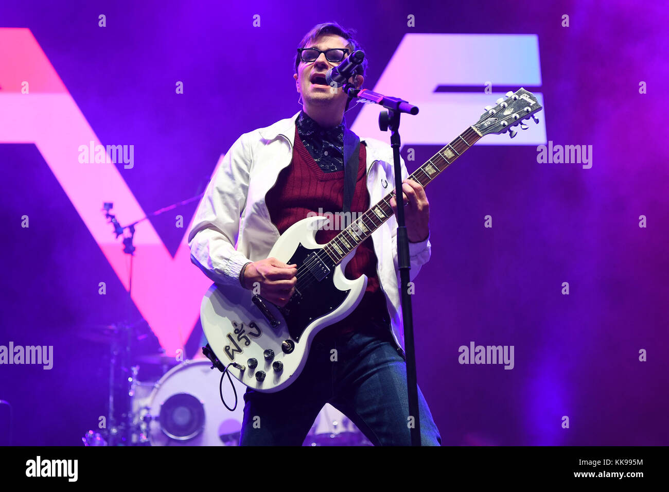 Weezer performing live on stage at Wembley Arena in London. Featuring ...