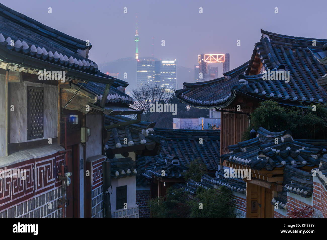 Bukchon hanok village in Seoul City at night,South Korea Stock Photo ...