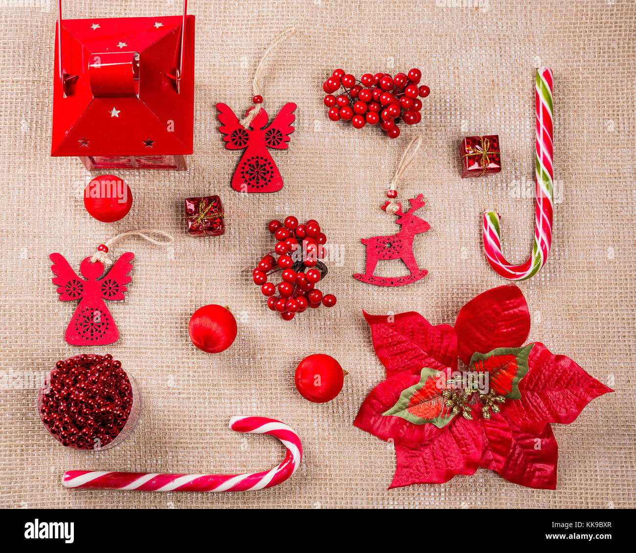 Christmas background made of red toys, candy, gifts, lantern and New ...