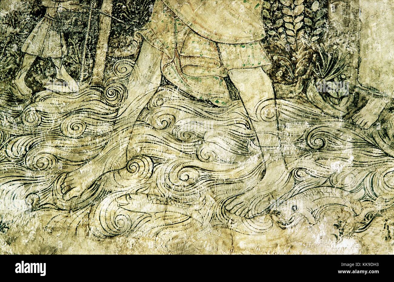 Detail of Medieval mural painting of Saint Christopher carrying Christ ...