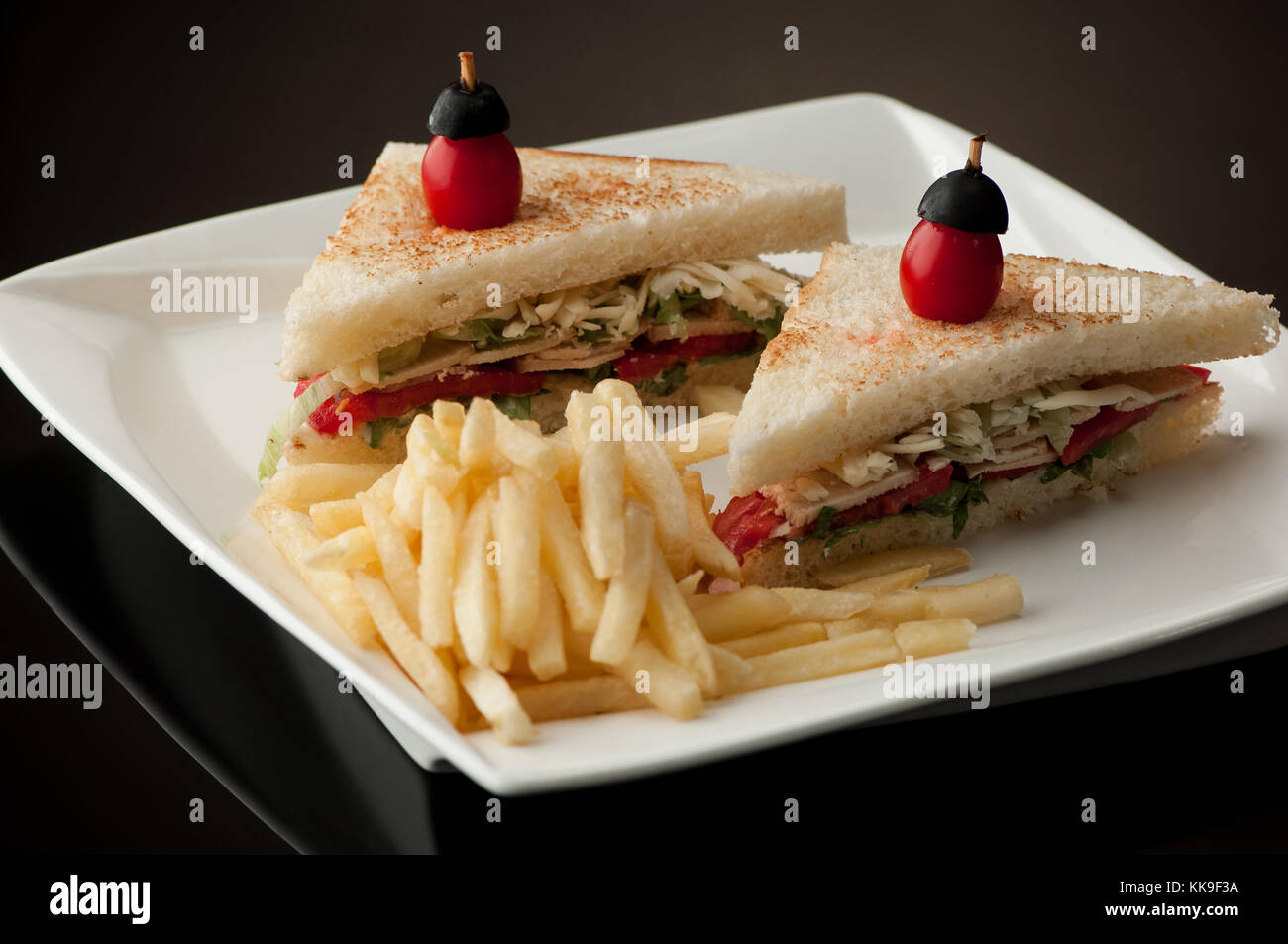 two sandwiches in a square white plate with fries Stock Photo - Alamy