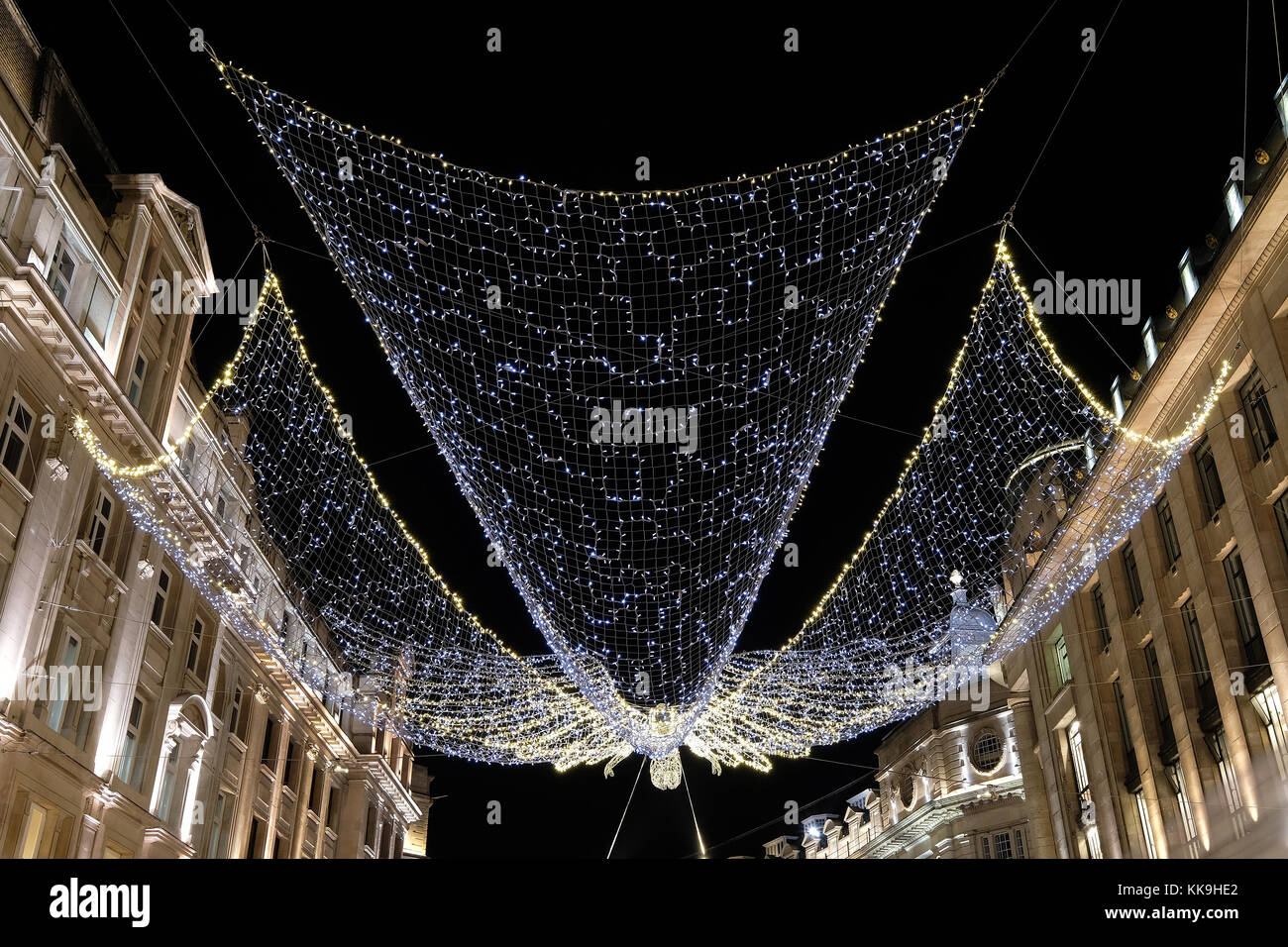 Christmas angel lights in Regent Street London UK. Photographed from ...