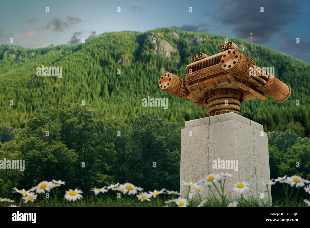 3d illustration of a rusty robot sentinel on a green field Stock Photo ...