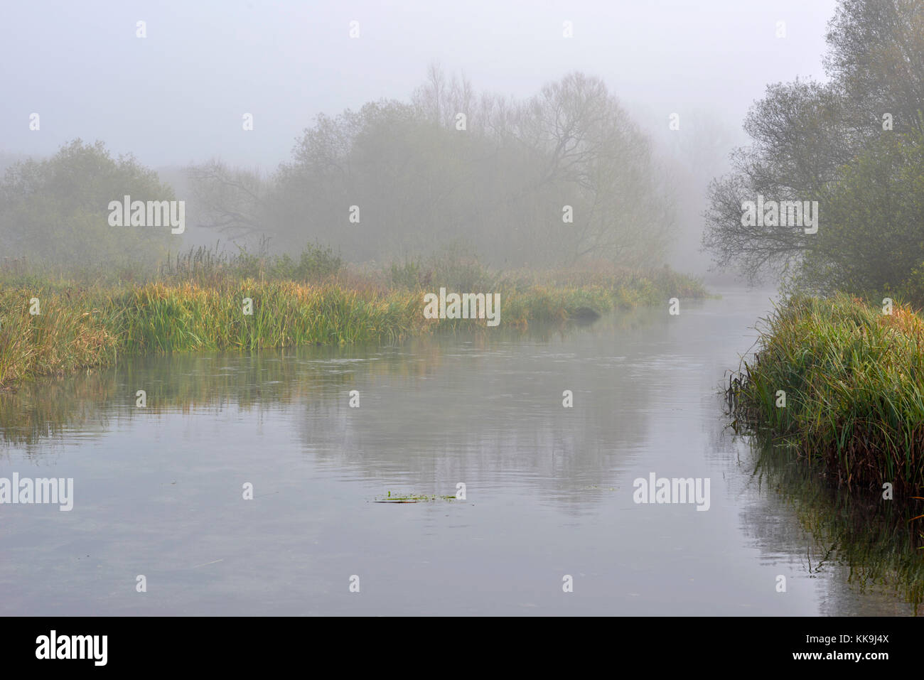Autumn morning mist along the River Test at Longparish, Hampshire Stock ...