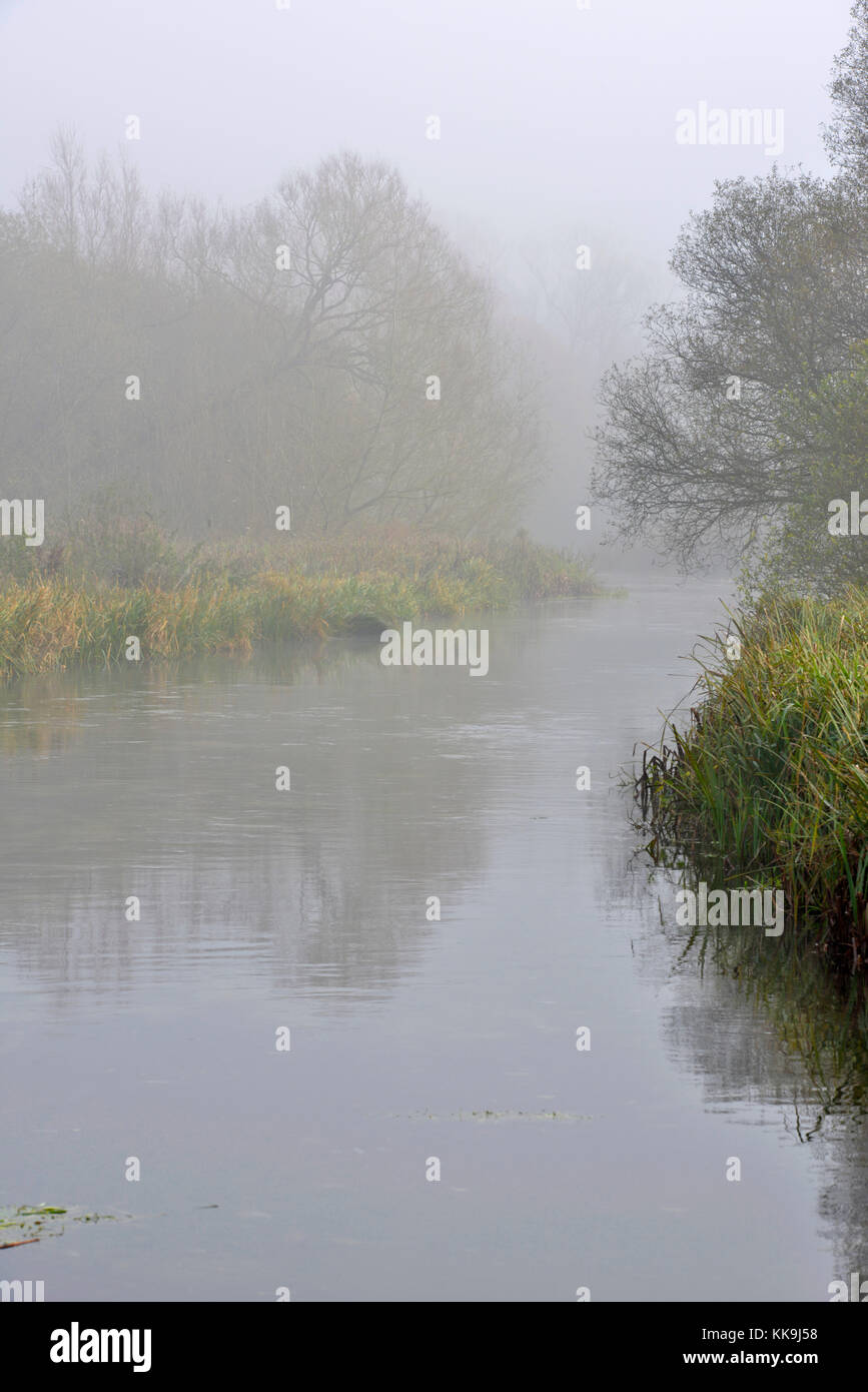 Early morning autumn mist along the River Test at Longparish, Hampshire ...