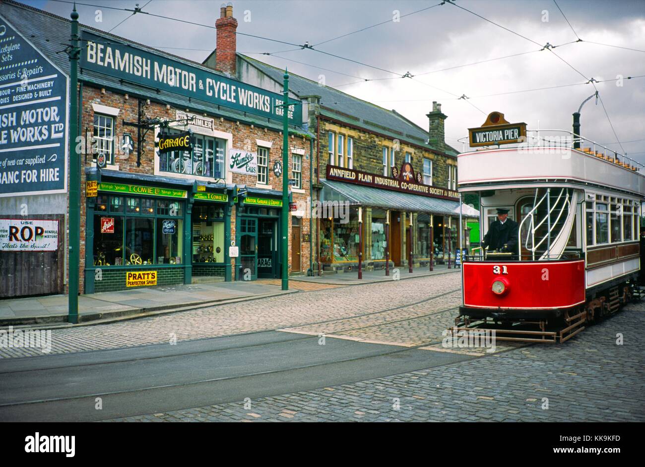 Beamish Museum, County Durham, England. Vintage electric tram passing ...