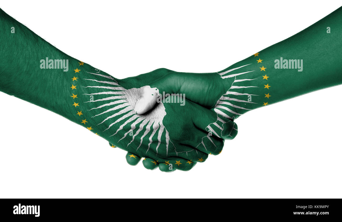 Man and woman shaking hands, wrapped in flag pattern, African Union ...