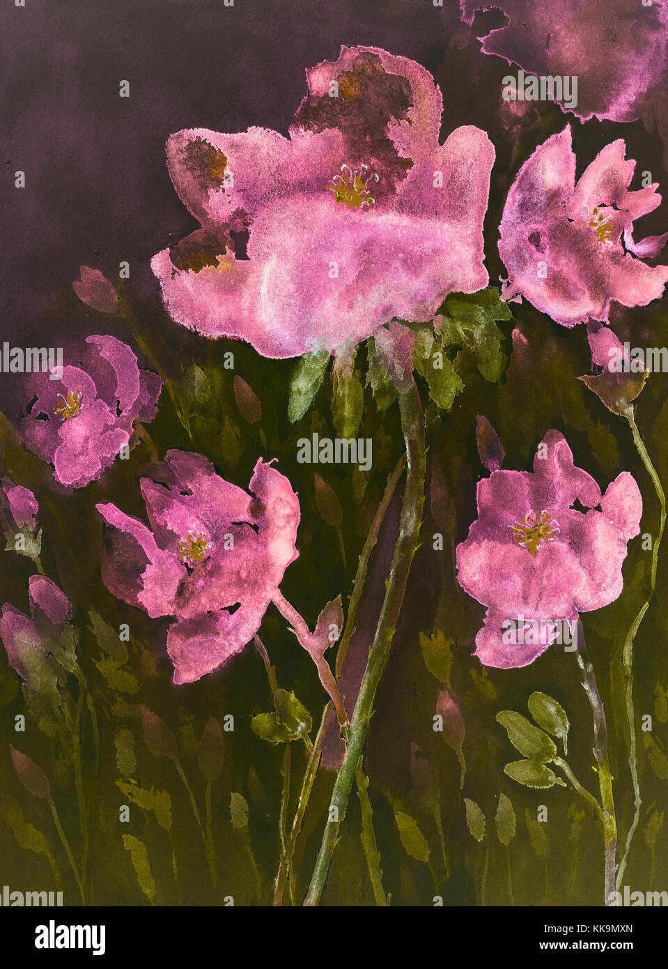 Roses in the field under the moonlight. The dabbing technique near the ...