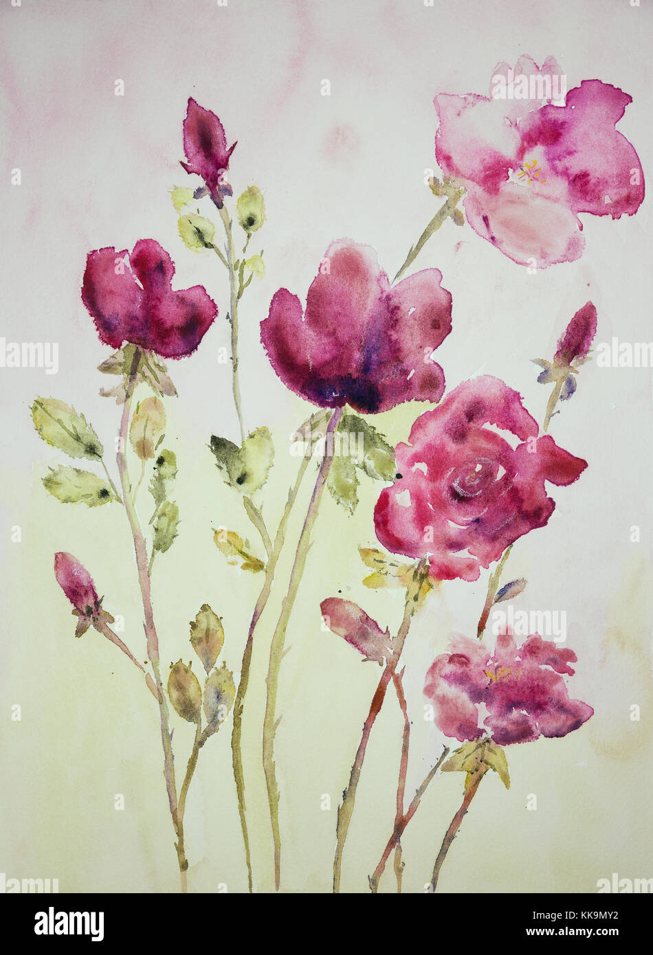 Roses on a pink and green background. The dabbing technique near the ...