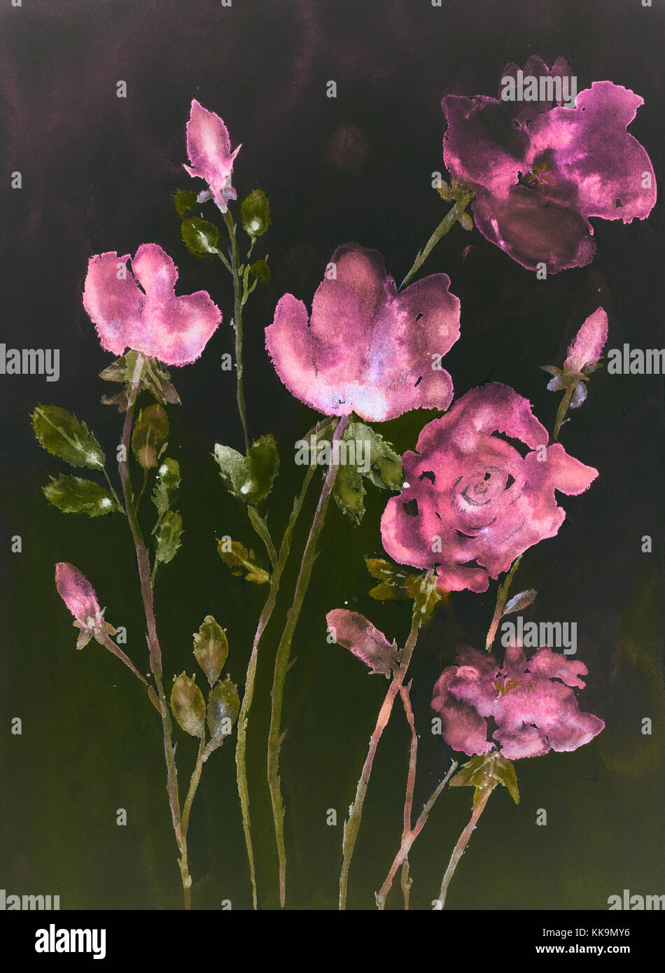 Roses on a dark green background. The dabbing technique near the edges ...