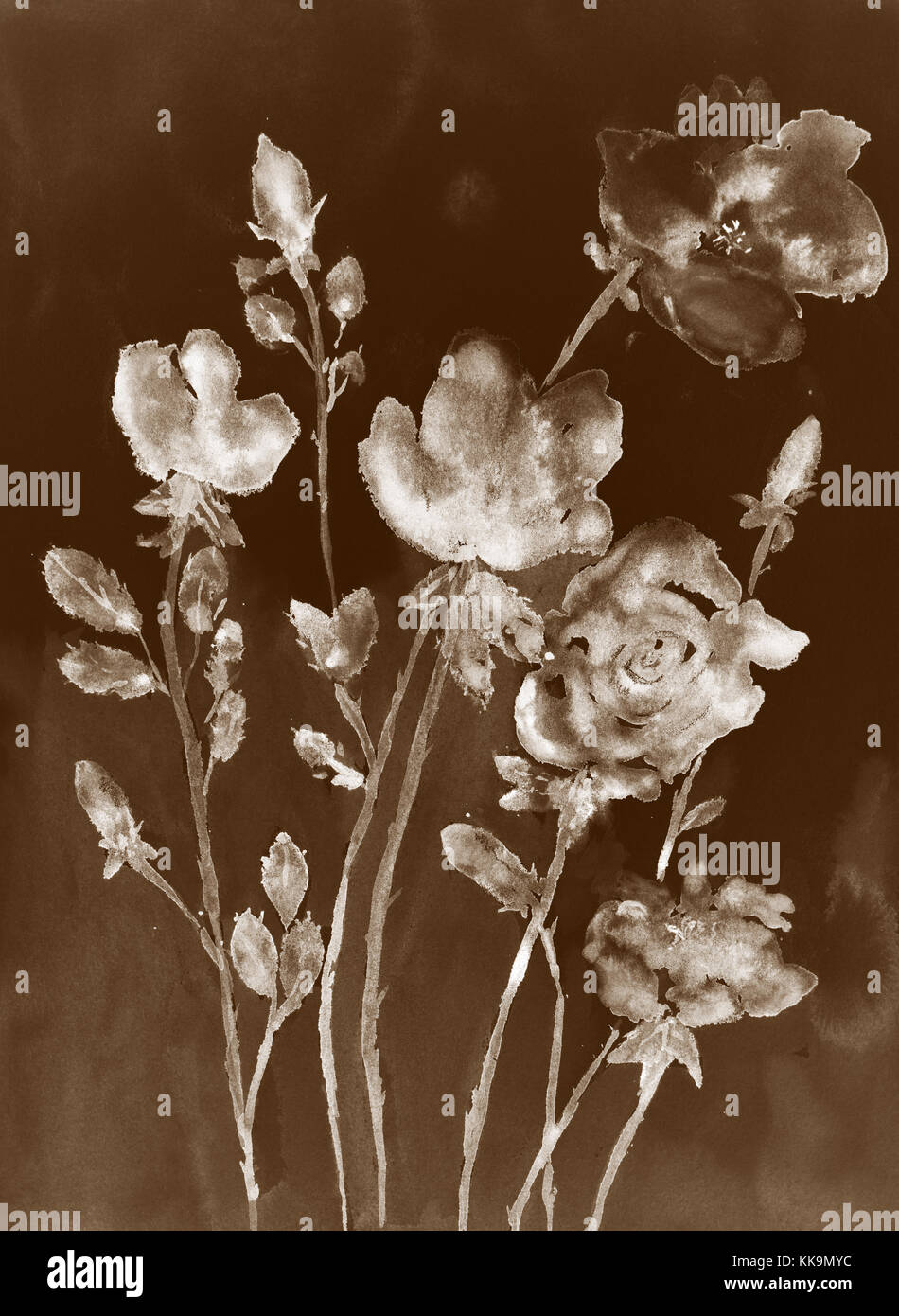 Vintage retro sepia roses on a dark background. The dabbing technique ...