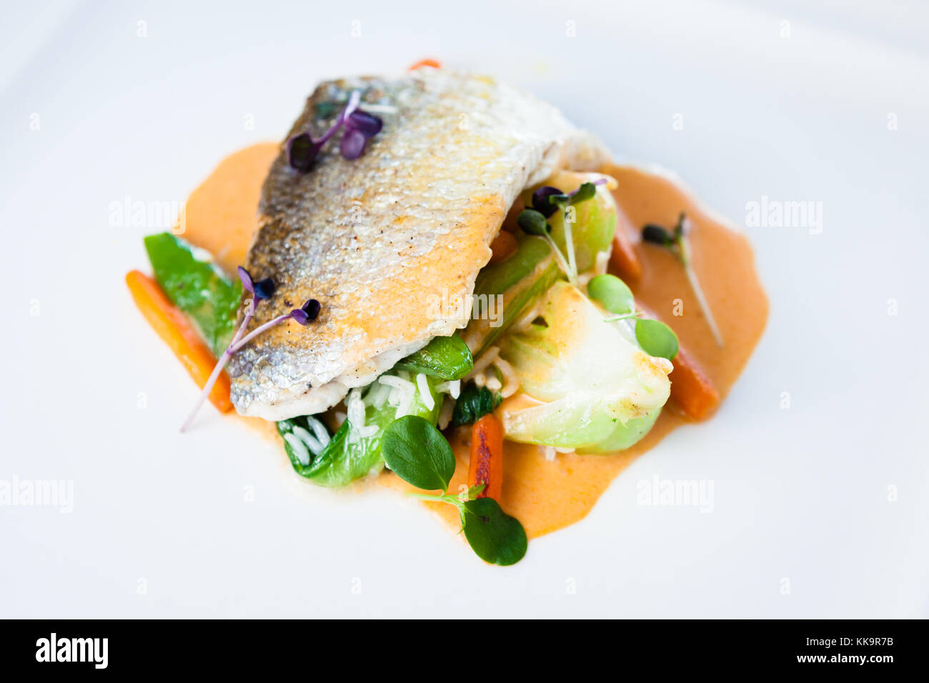 Fried whitefish fillet stir-fried with green vegetables, jasmine rice ...