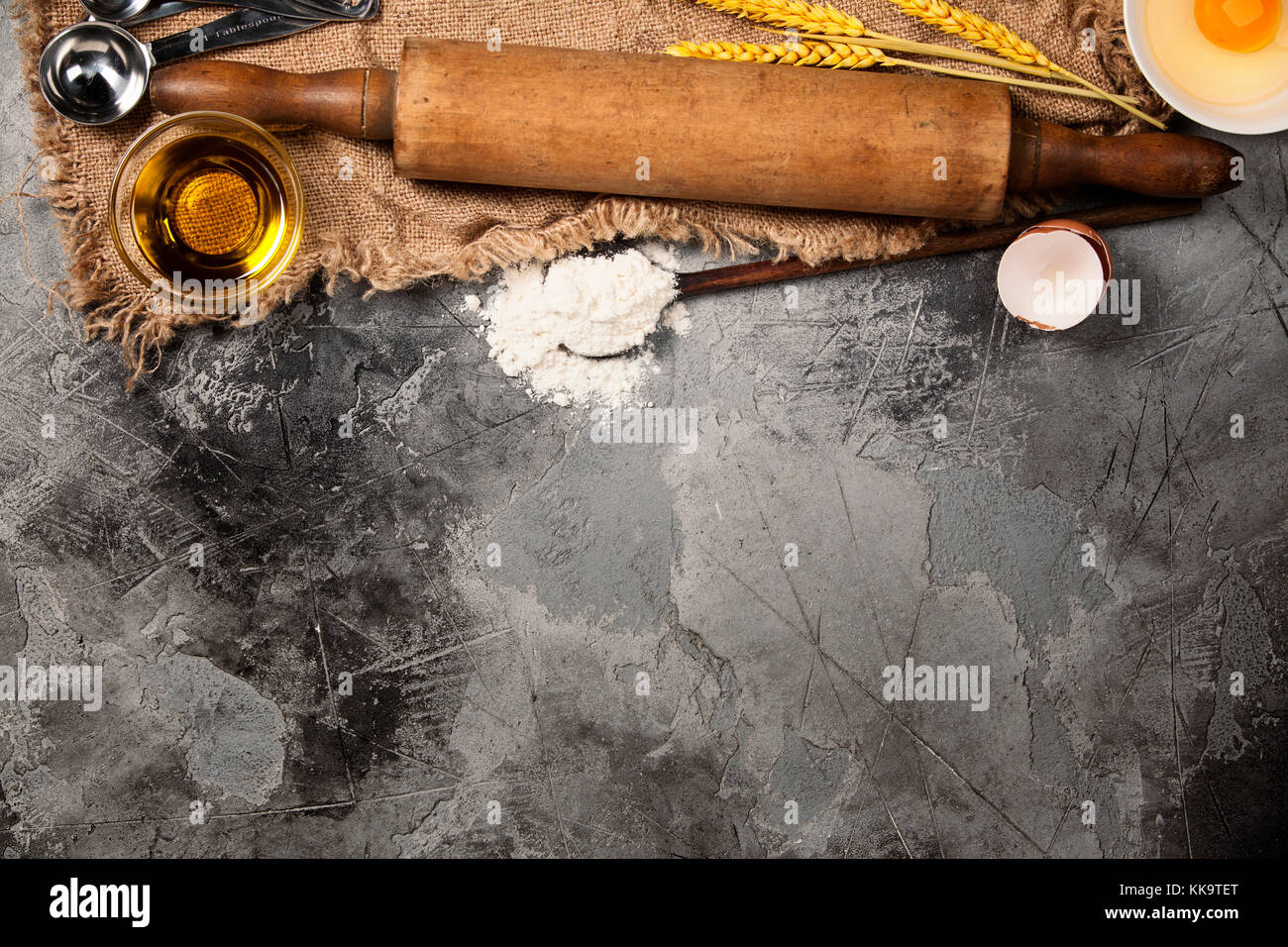 Top view on Old Kitchen cooking utensils on grey stone table - cooking ...
