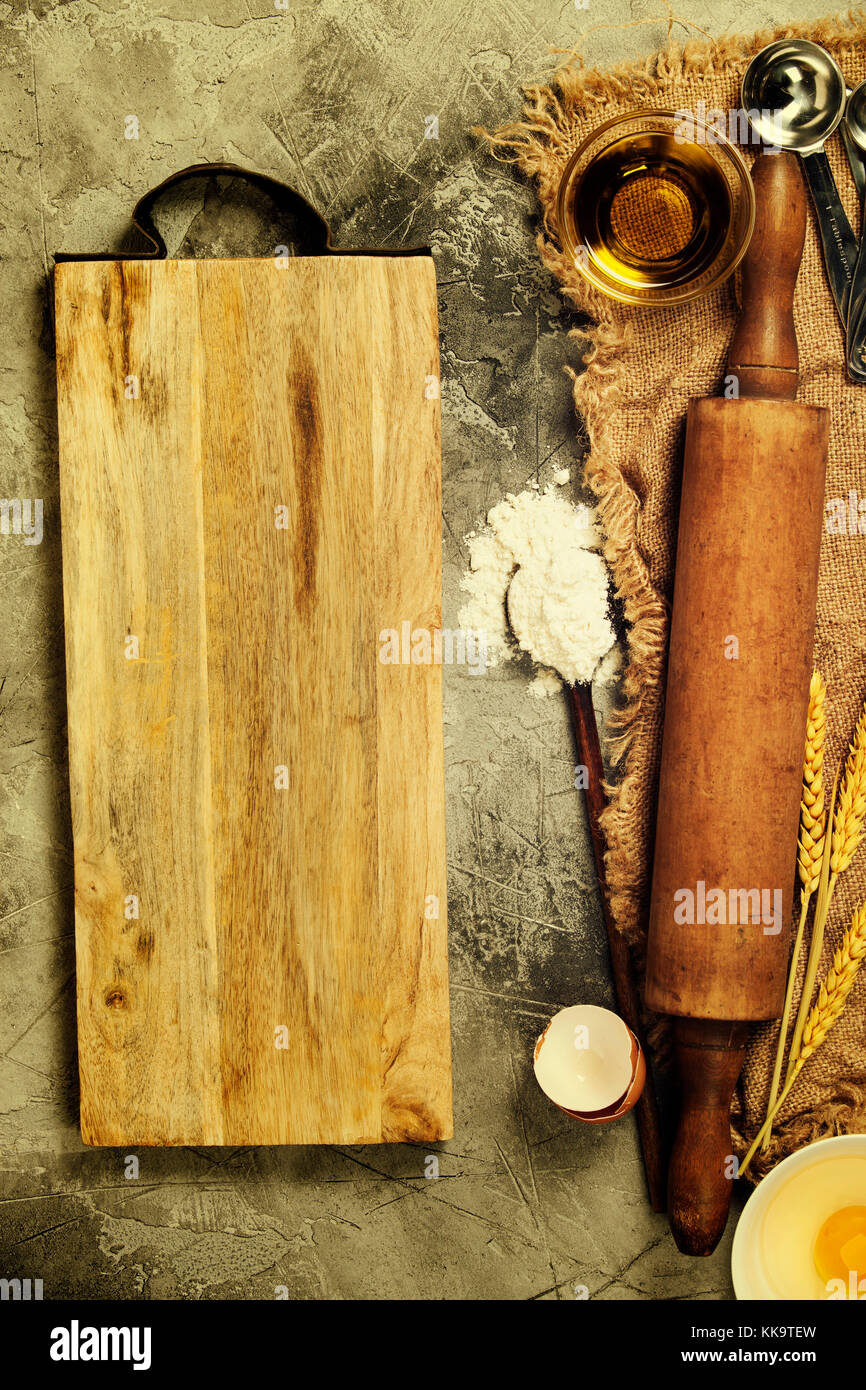 Top view on Old Kitchen cooking utensils on grey stone table - cooking ...