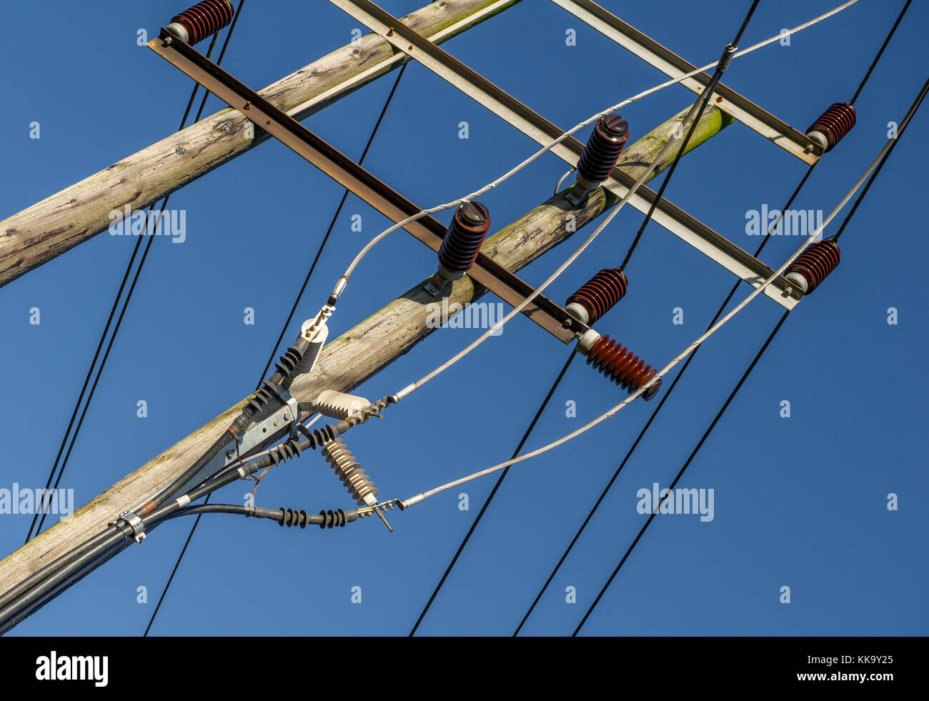 High voltage (33kV) ceramic insulators used to support single overhead ...