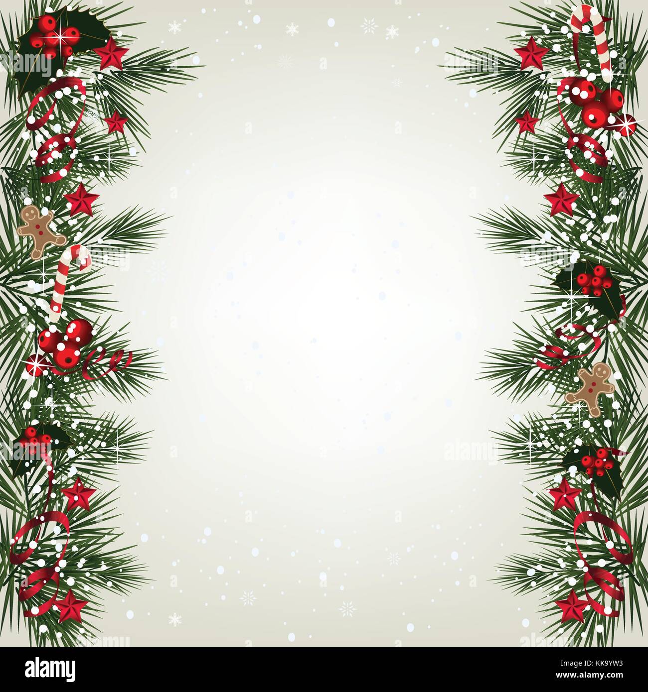 Christmas background with tree branch border with berry and ribbon ...