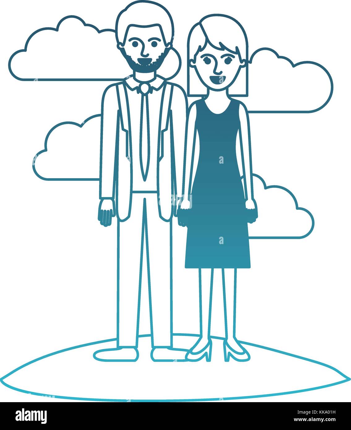 Couple In Degraded Blue Silhouette Scene Outdoor And Him With Suit And