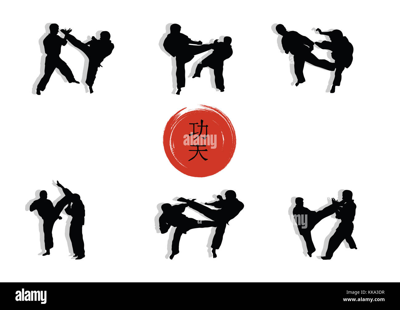 A group of men showing Kung Fu and a hieroglyph on a red background ...