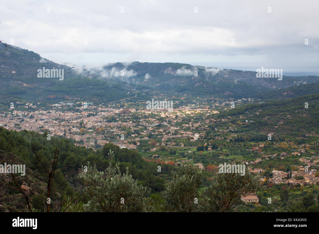Aerial view of Biniaraix, a small village in Soller Valley surrounded ...