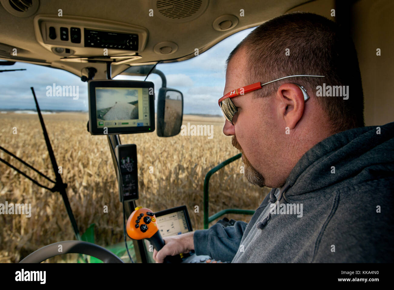 FARMER CLOSE UP PORTRAIT OPERATING COMBINE HARVESTER IN CORN FIELD IN ...