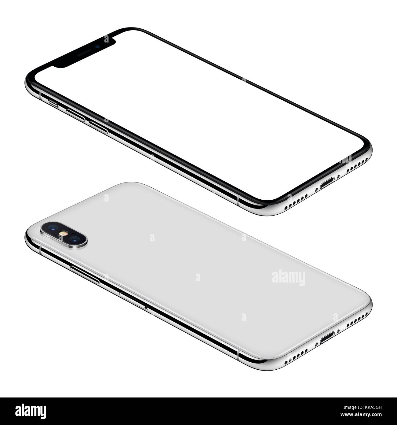 White smartphone similar to iPhone X mockup front and back sides ...