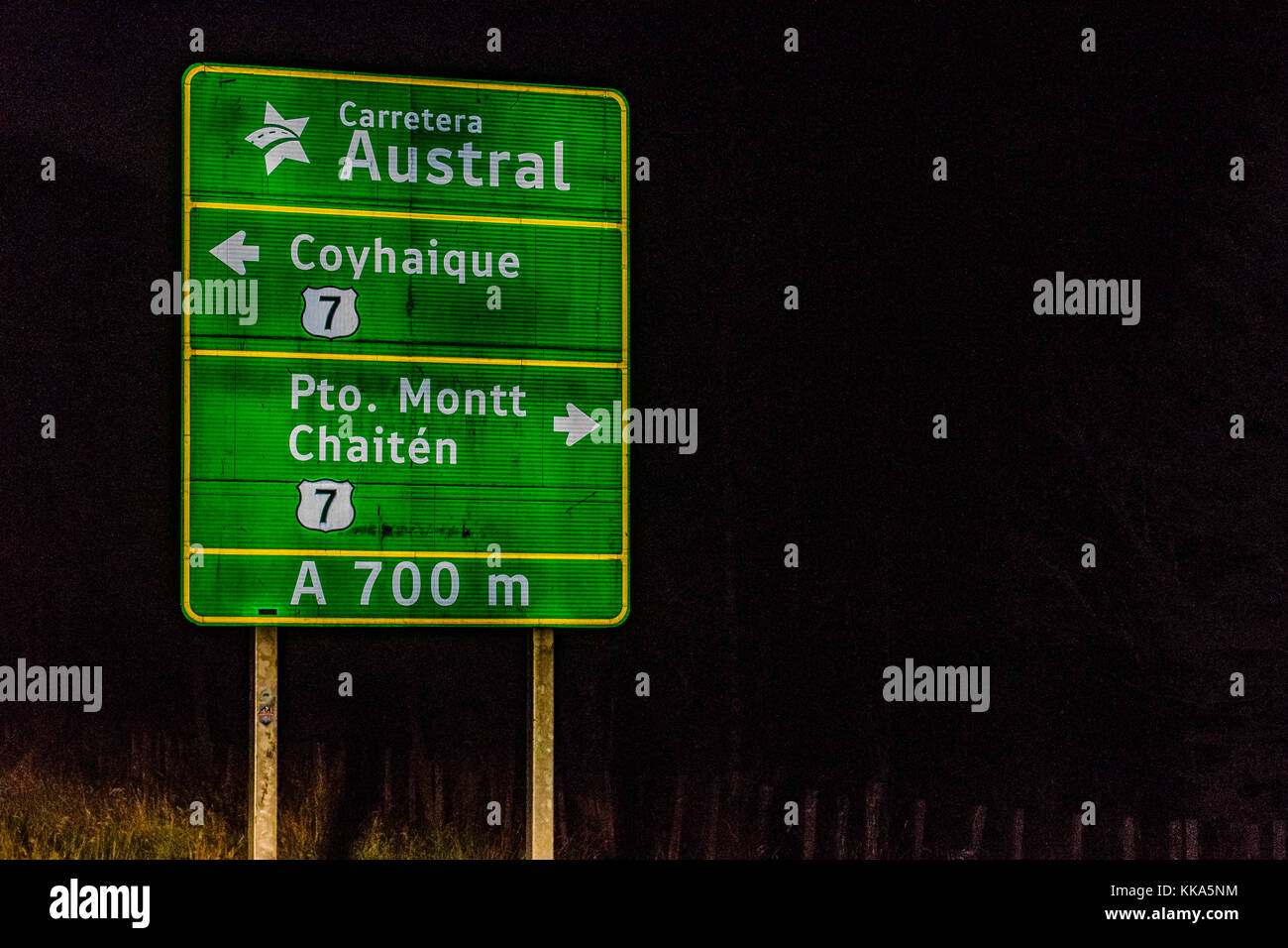 LOS LAGOS, CHILE, APRIL - 2017 - Highway signpost night scene at ...