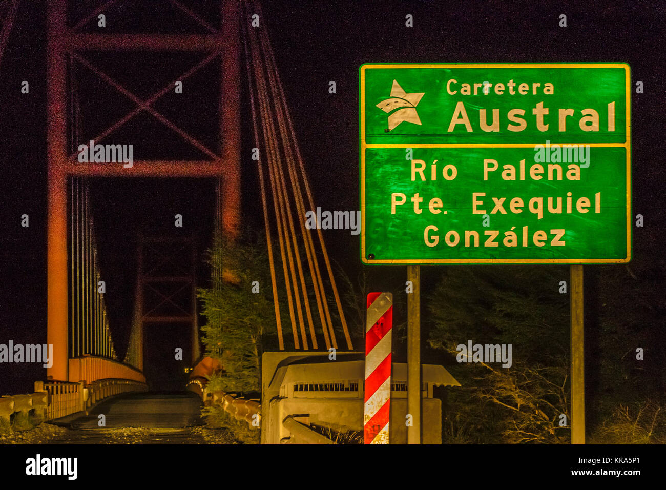 LOS LAGOS, CHILE, APRIL - 2017 - Highway signpost night scene at ...