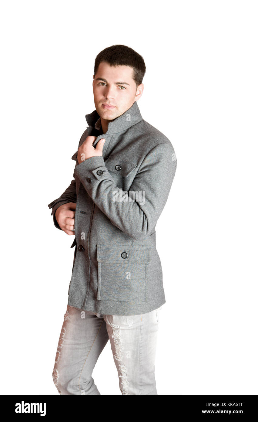 Portrait of Young man wearing coat isolated on white Stock Photo - Alamy