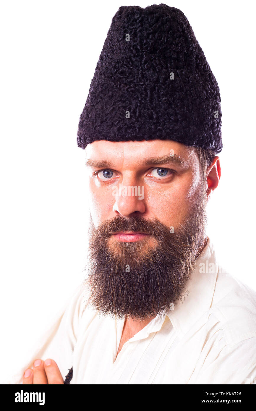 young man wearing traditional romanian costume on white background ...