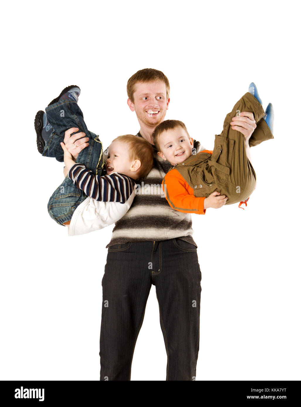 Happy Father playing with two sons isolated on white Stock Photo - Alamy