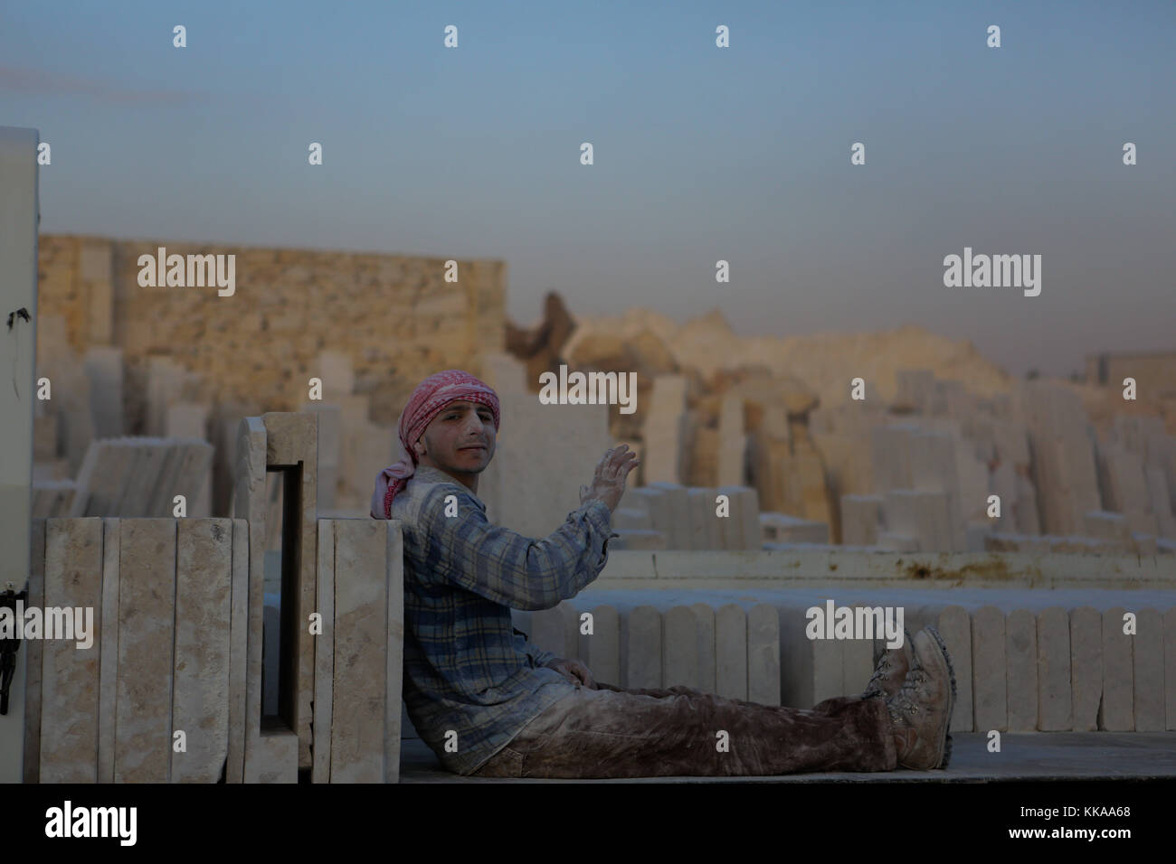 A stone workshop in Syria where local sawyers and banker masons cut the ...