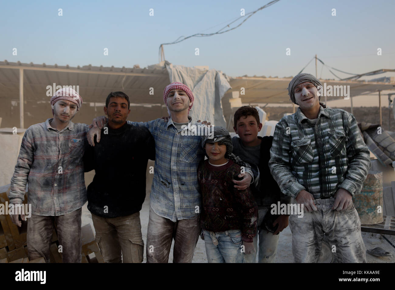 A stone workshop in Syria where local sawyers and banker masons cut the ...