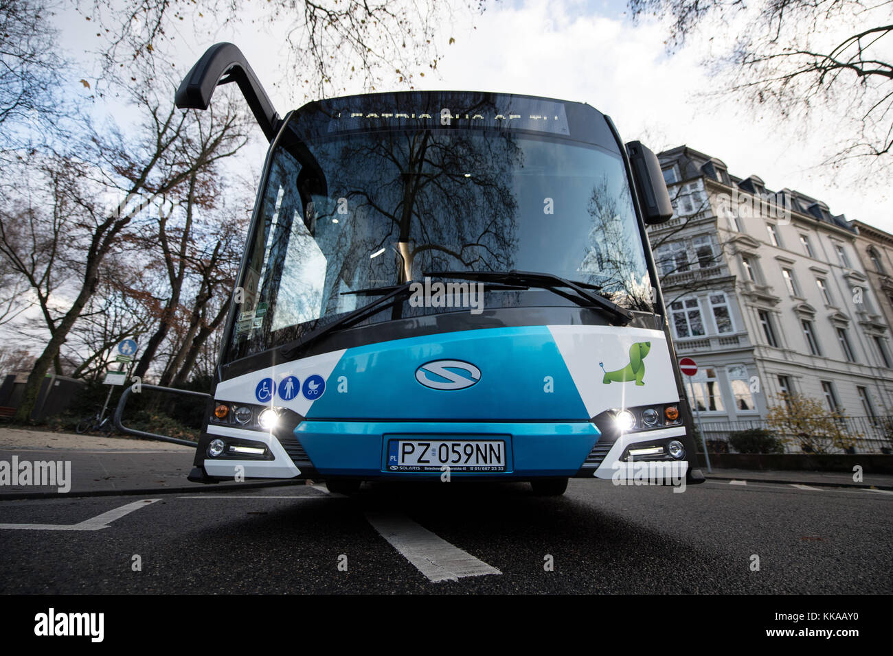 An electric bus of manufacturer Solaris drives on a street in Frankfurt ...