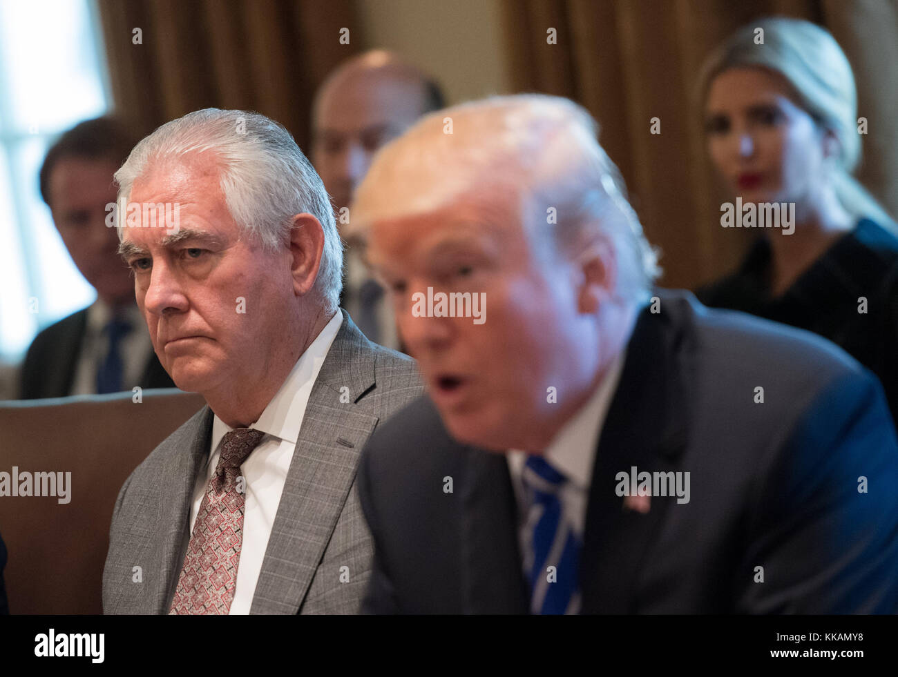 United States Secretary of State Rex Tillerson listens as US President ...