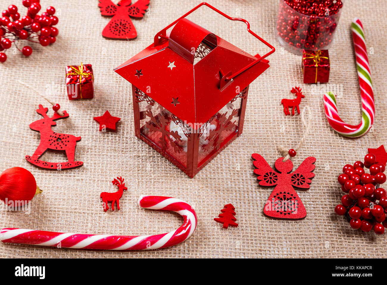 Christmas background made of red toys, candy, gifts, lantern and New ...