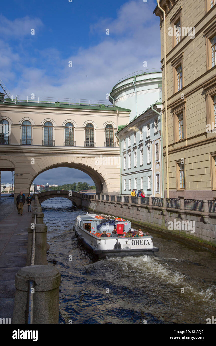 Tour boat on the Moika River Canal, UNESCO World Heritage Site, St ...
