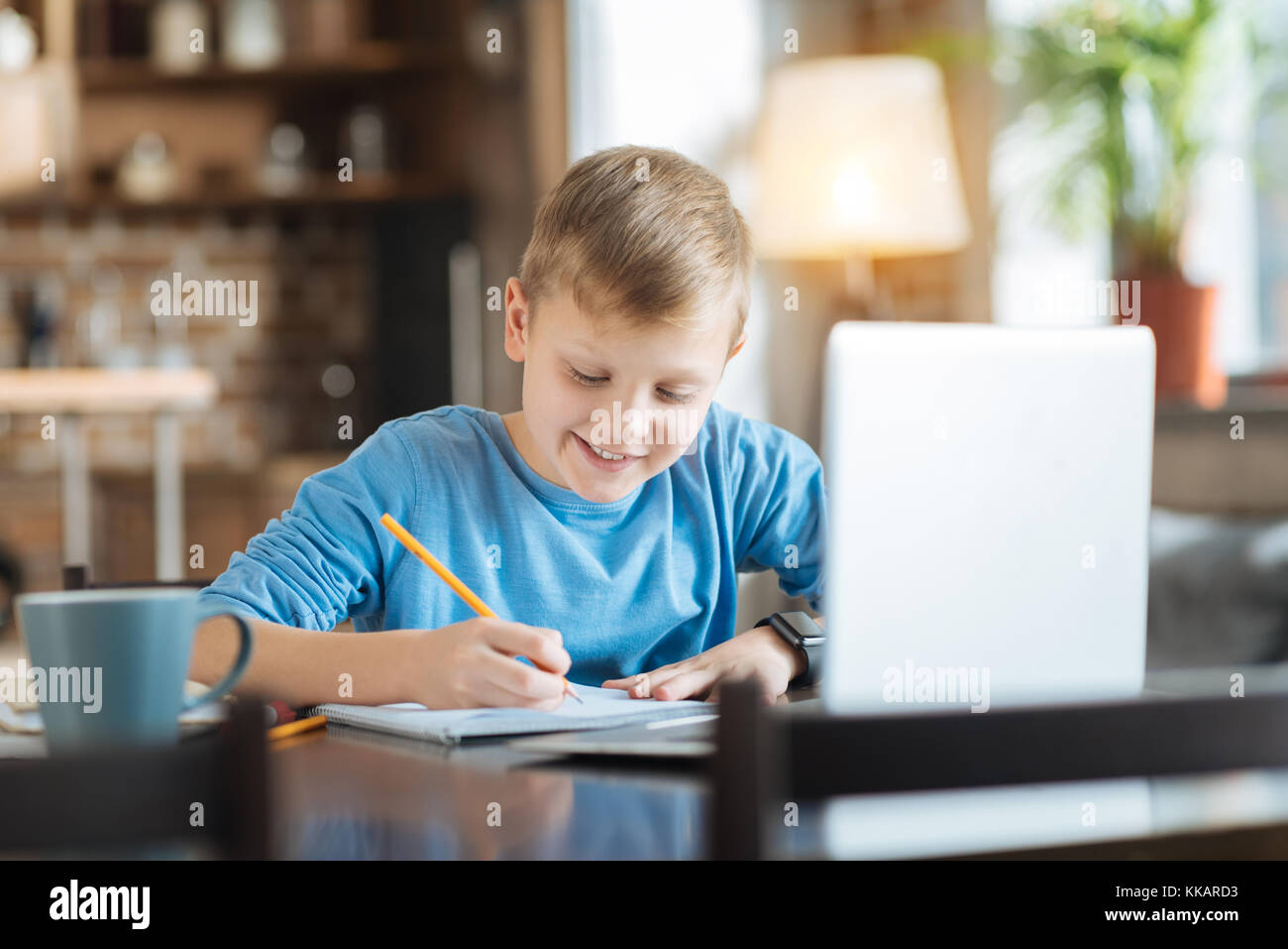 Positive smart boy doing his home task Stock Photo - Alamy