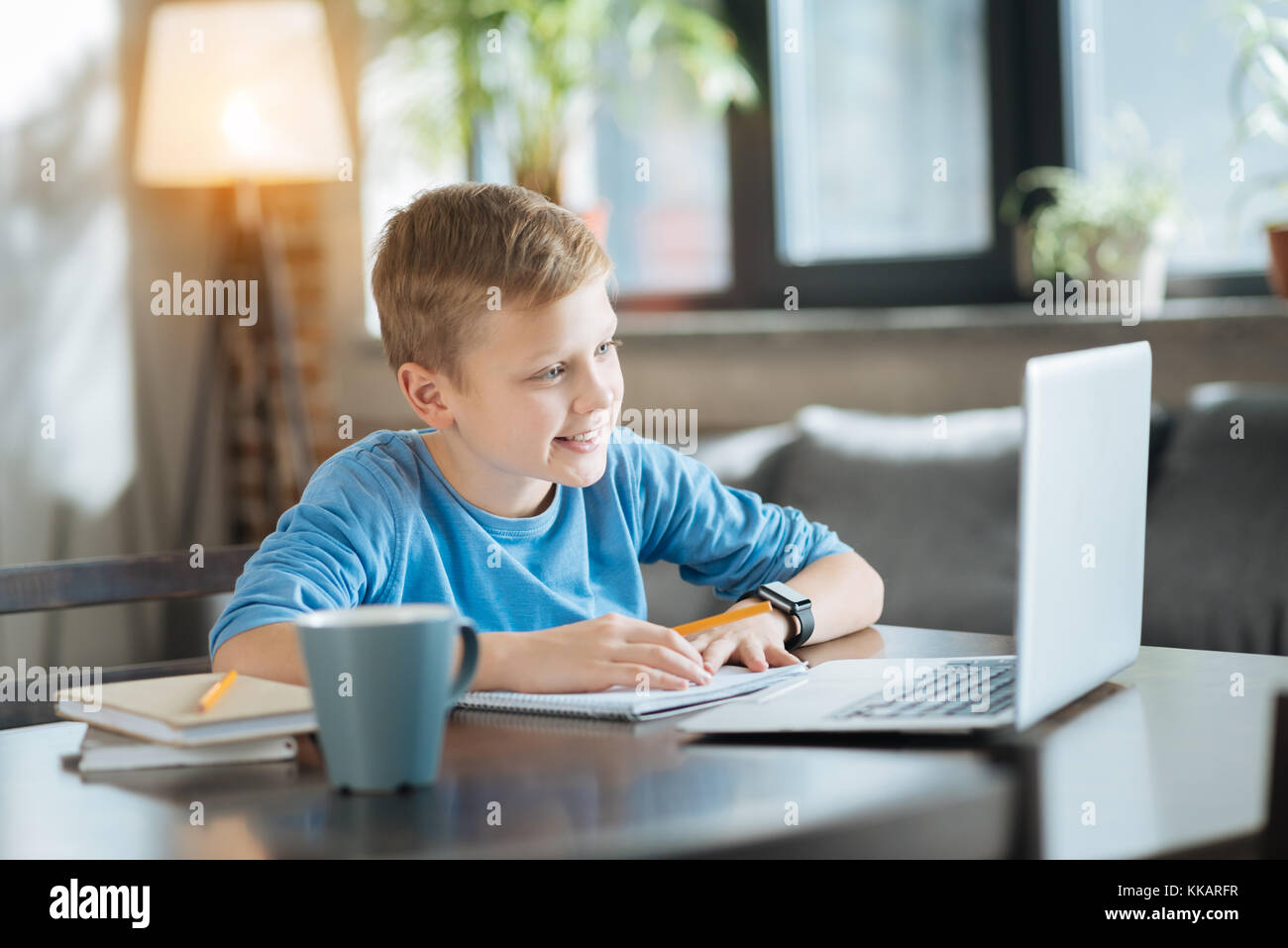 Delighted positive boy enjoying studying Stock Photo - Alamy