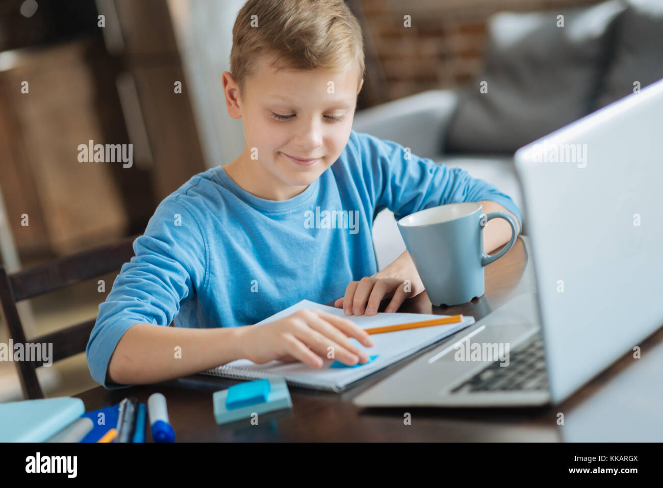 Happy nice boy doing his assignment Stock Photo - Alamy