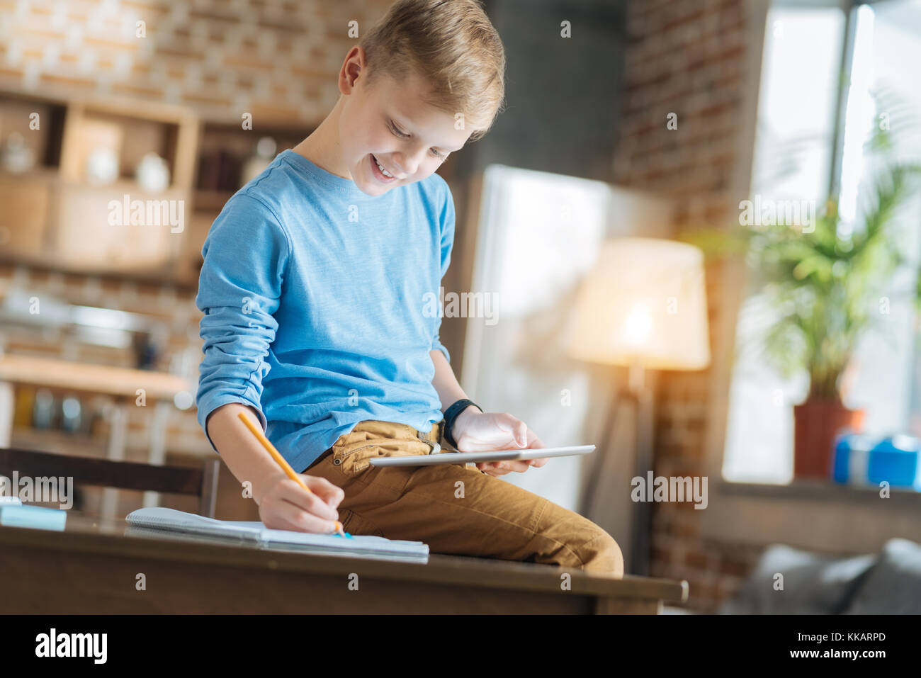 Delighted nice boy writing Stock Photo - Alamy